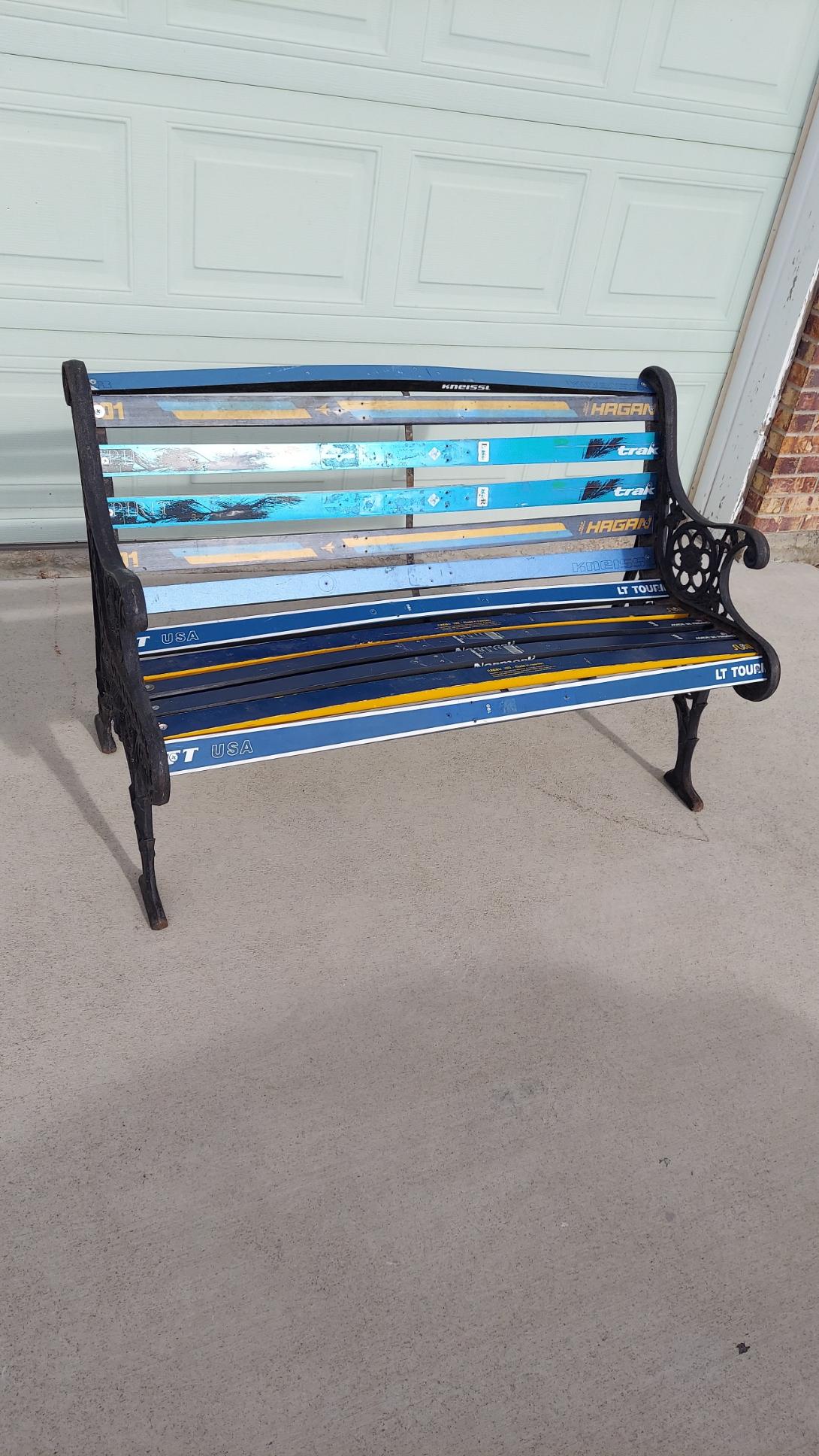 SOLD - Cross Country Ski Outdoor Patio Bench - Cool Blues – Railing ...